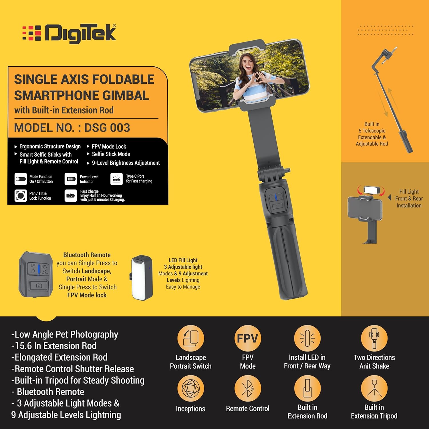 Buy Digitek (DSG 003) Single Axis Foldable Smartphone Gimbal with Built ...