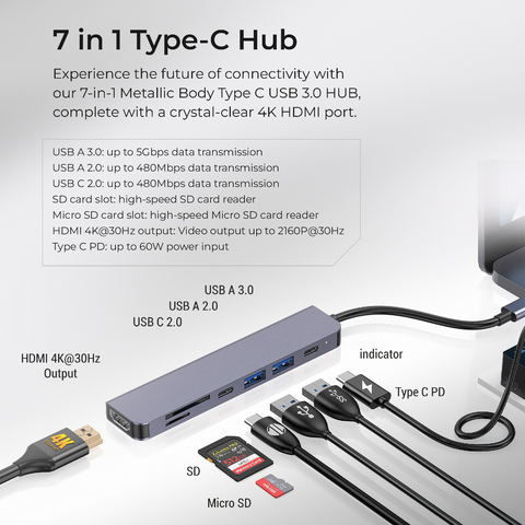 Buy Digitek (DUH-007) 7 in 1 Type C USB HUB with 4K HDMI Port, 60W PD ...